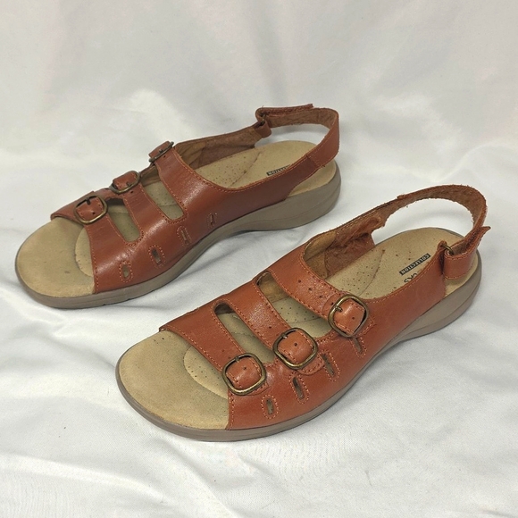 Clarks | Shoes | Clarks Leather Velcro Slingback 3 Strap Buckle Sandals ...